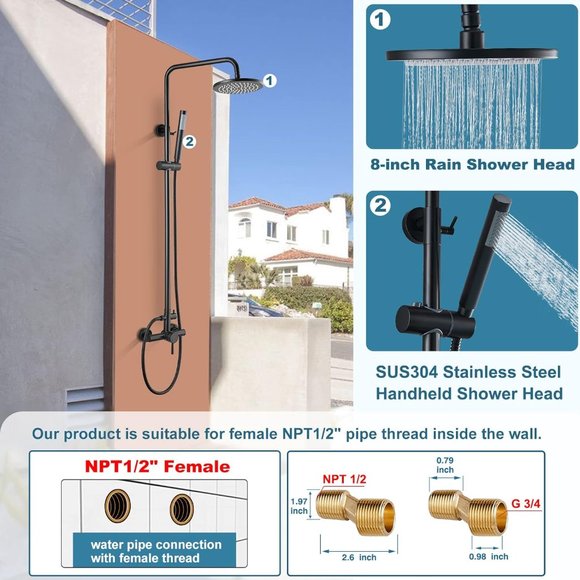 Bath | Outdoor Shower Fixture Set Matte Black Sus 34 Stainless Steel 8 ...